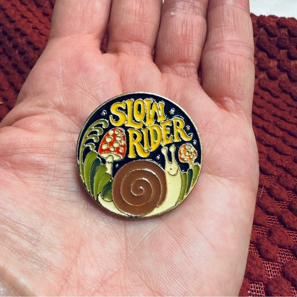 Other | Slow Rider Snail Round Metal Enamel Lapel Pin Mushrooms ...